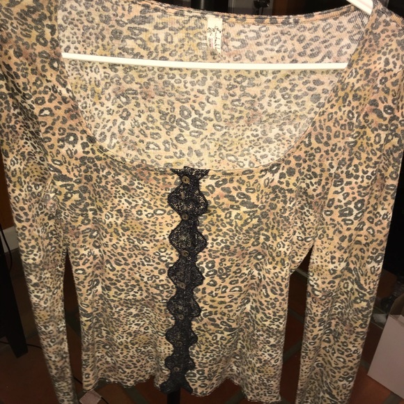 Free People | Tops | Free People Leopard And Black Lace Trim Thermal | Poshmark